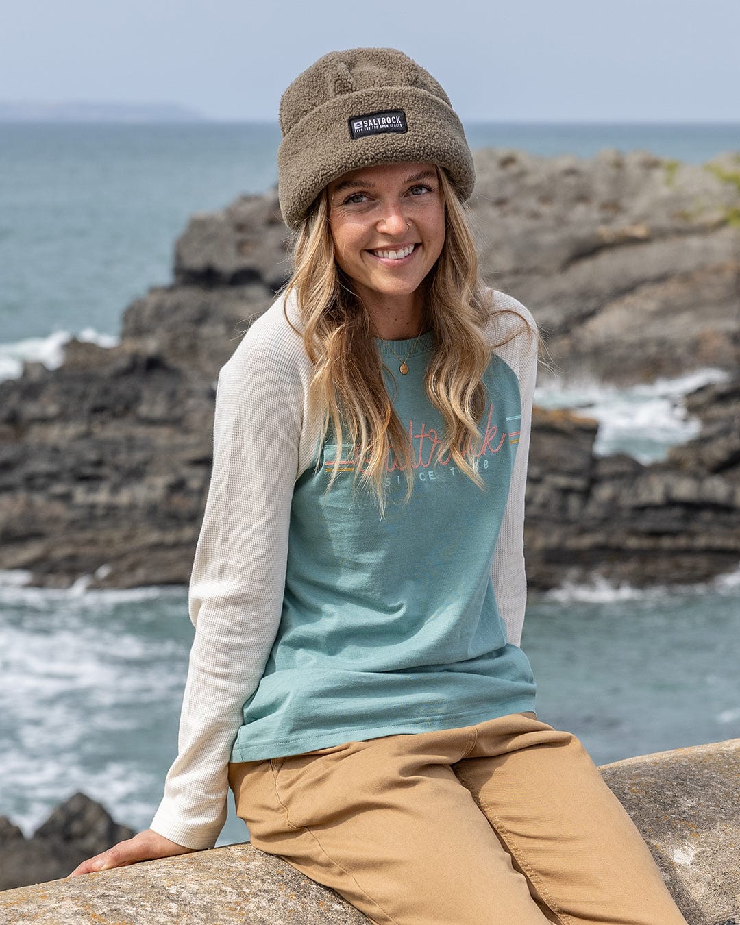 Links Waffle - Womens Raglan Long Sleeve T-Shirt - Blue/Cream