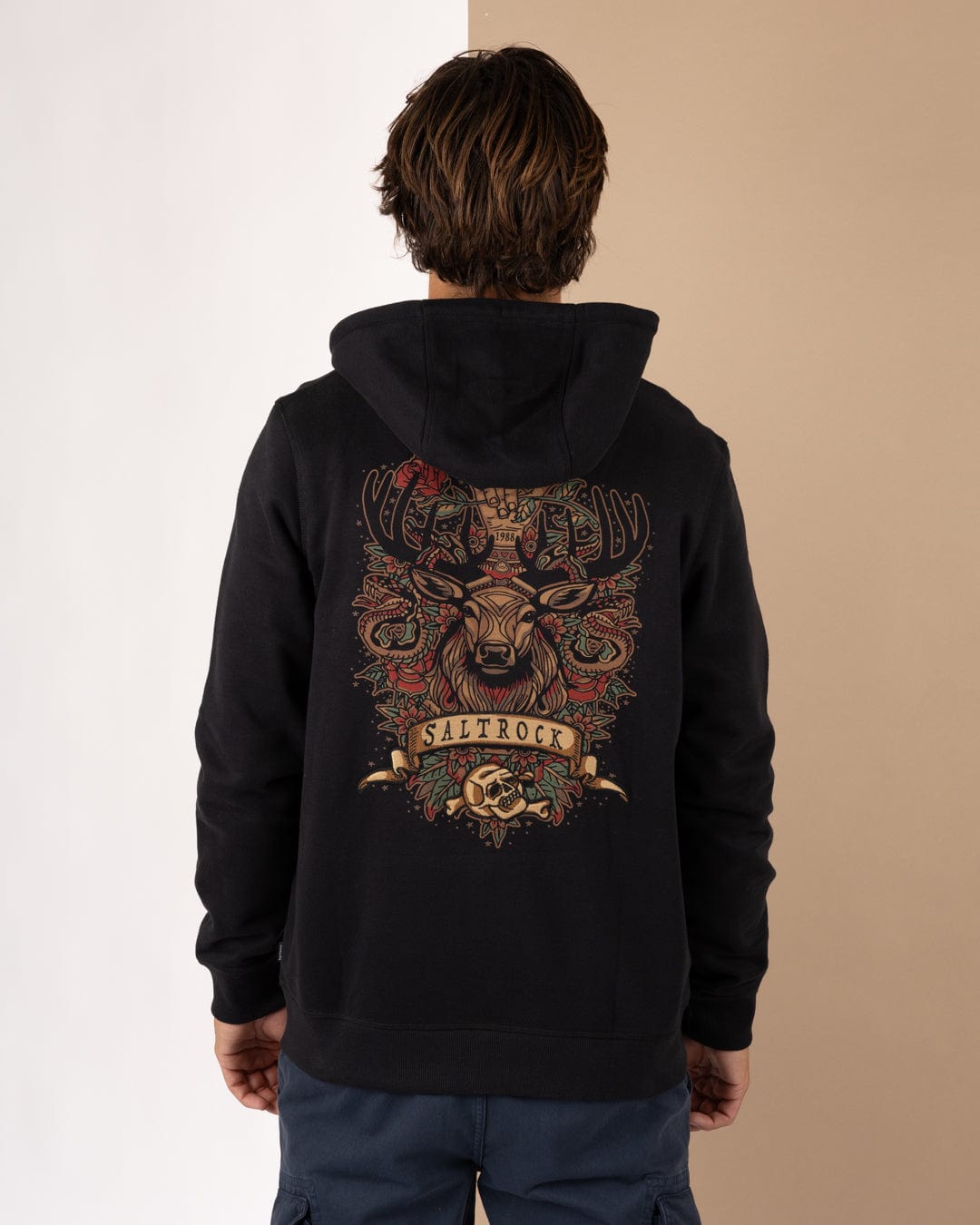Stag Tattoo Mens Zip Hood in Black