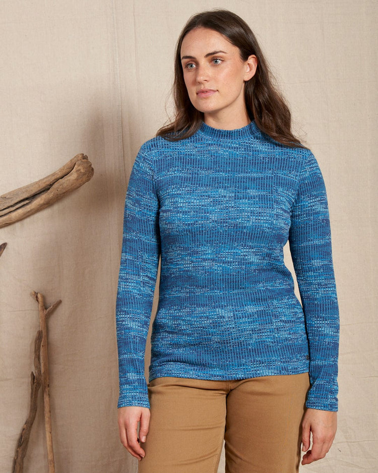 Space Dye Brooklyn Womens Funnel Neck Top in Blue